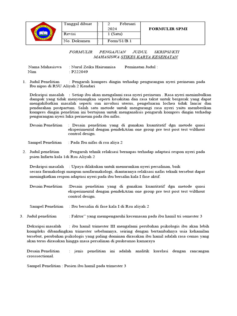 Formulir Pengajuan Judul Nurul | PDF