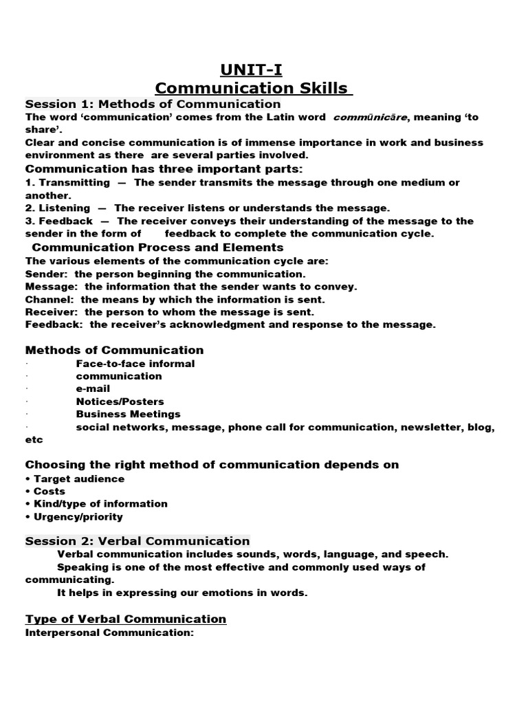 UNIT 1,2 Notes | PDF | Communication | Nonverbal Communication