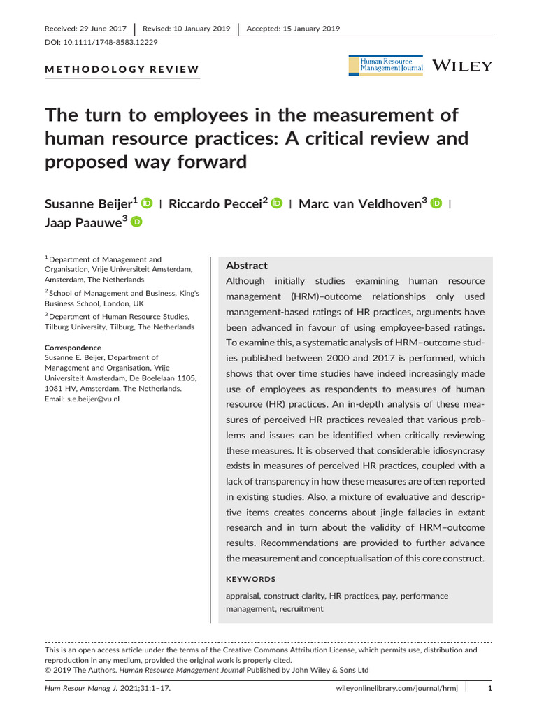 The Turn To Employees in The Measurement of Human Resource Practices ...