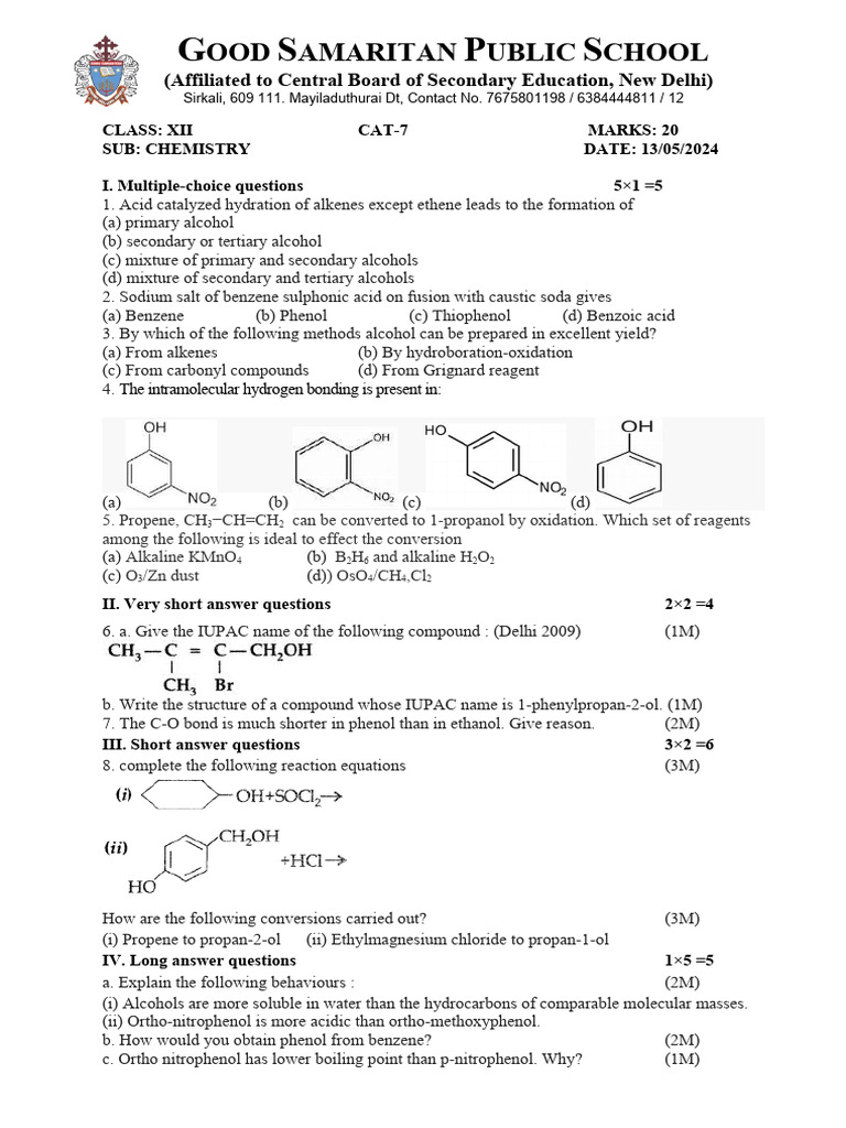 Class 12 Alcohols Phenols and Ethers | PDF | Chemical Compounds ...