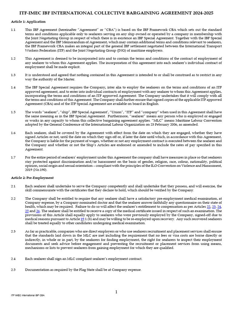 IBF CBA Agreement for Seafarers 2024-2025 | PDF | Employment | Overtime