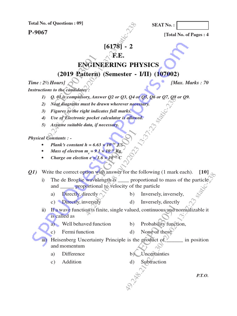 Be - First Year Fe Engineering - Semester 1 - 2023 - November - Engineering Physics Pattern 2019 ...