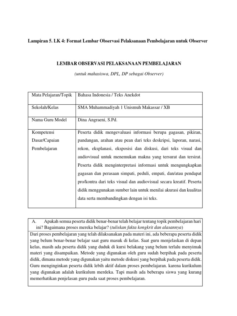 Lampiran 5. LK 4 Pembelajaran 1 Teks Anekdot Lembar Observasi Pelaksanaan Pembelajaran Untuk ...