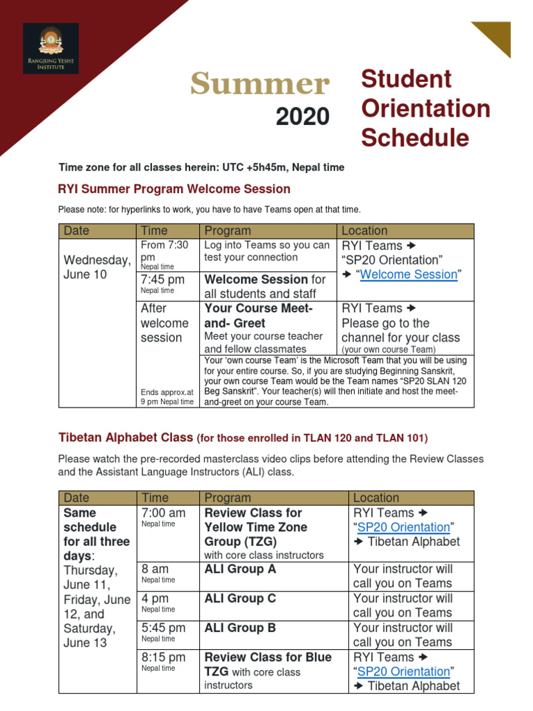 RYI Summer Program Orientation Schedule | PDF | Nepal | Writing
