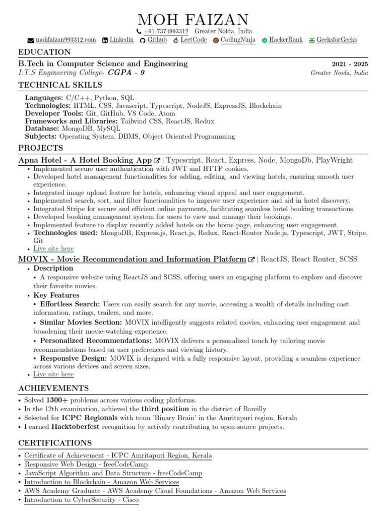 Resume Moh Faizan Pdf Pdf World Wide Web Internet And Web 