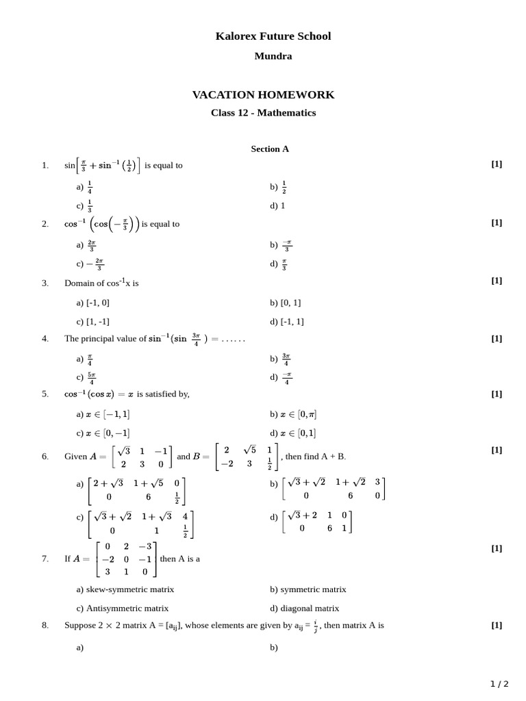12th Grade Mathematics Vacation Homework | PDF | Algebra | Mathematics