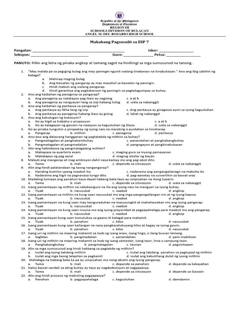 Semi Final Exam Esp 7-9 | PDF