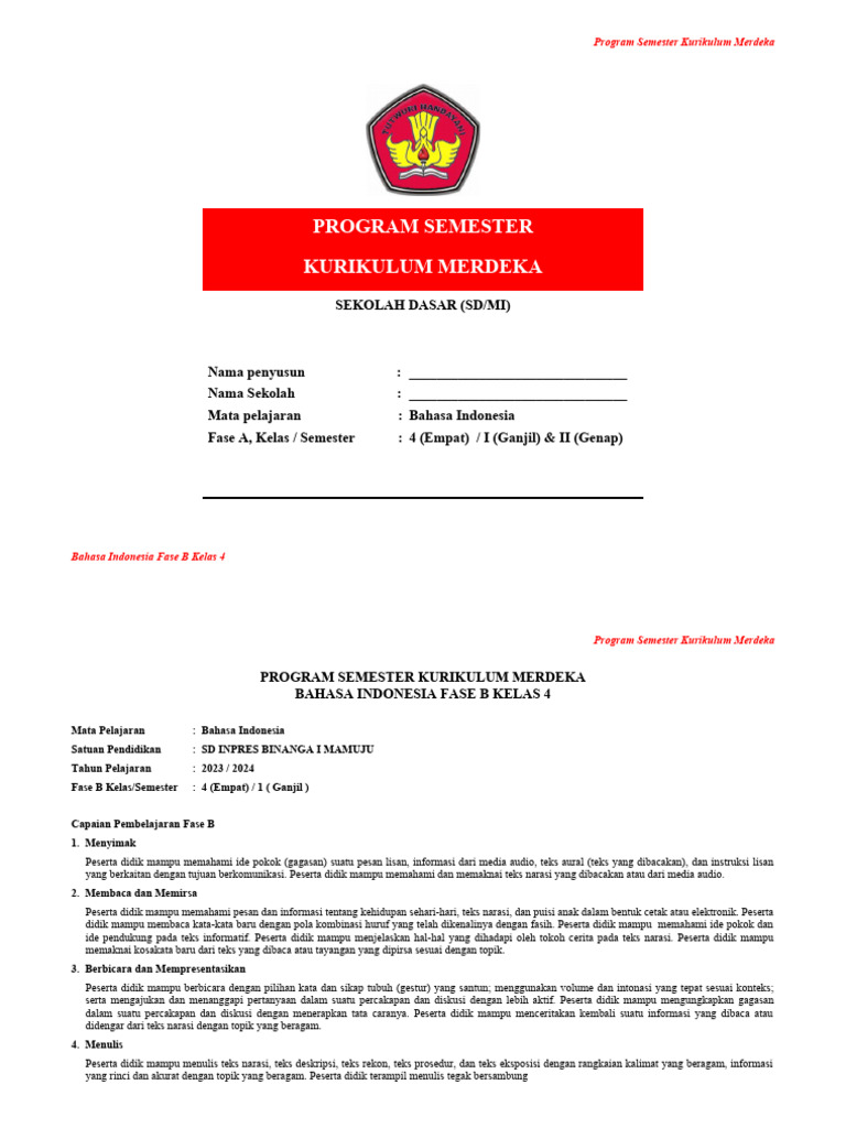 Promes Kls 4 Kurikulum Merdeka | PDF