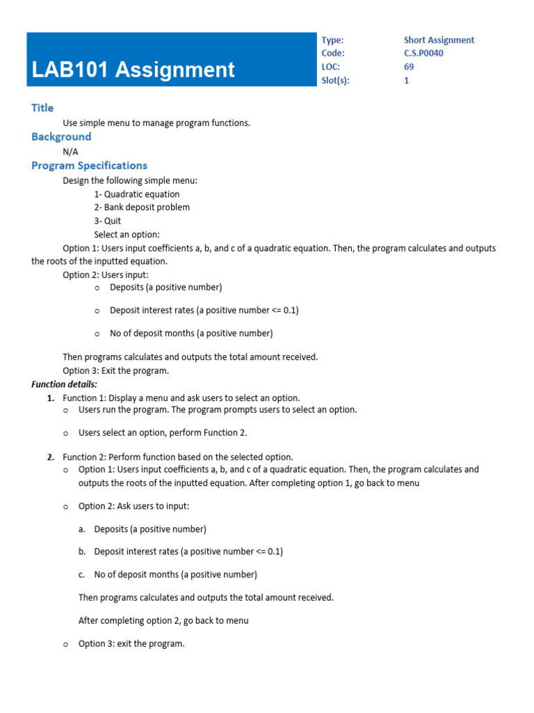LAB101 Assignment: Title Background Program Specifications | PDF | Applied Mathematics | Mathematics
