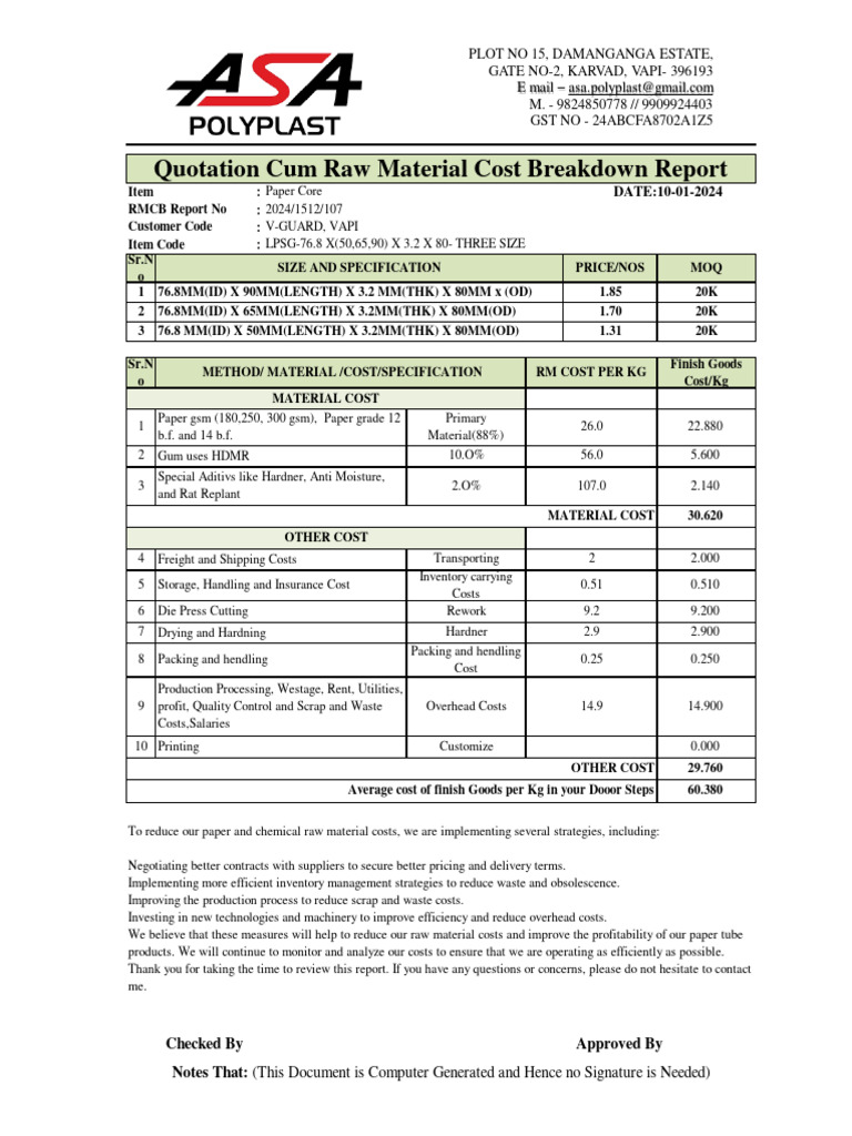 PAPER TUBE Raw Material Cost Breakdown Report | PDF | Supply Chain | Cost