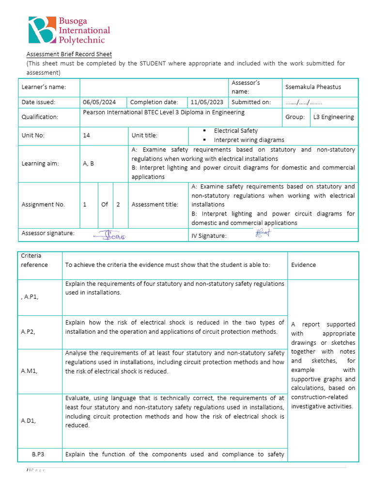 Level 3 Assessment Draft 2024 | Download Free PDF | Electrical Wiring | Safety