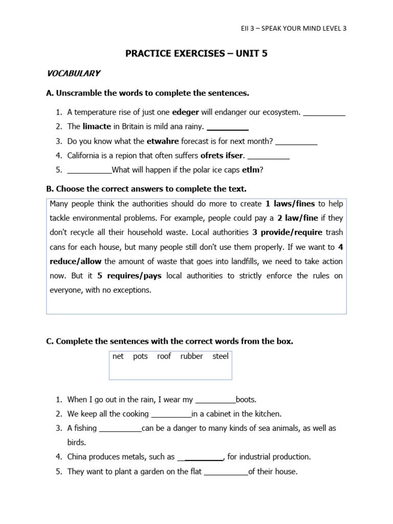 Practice Exercises - Unit 5 | PDF | Waste | Natural Environment