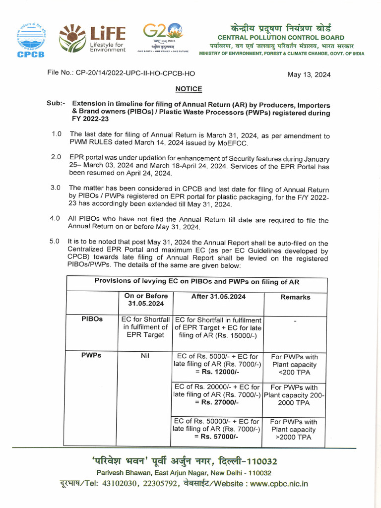 CPCB - Notice - PIBOs, PWPs - 13.05.2024 - Regarding Extension in Timeline For Filing of AR by ...