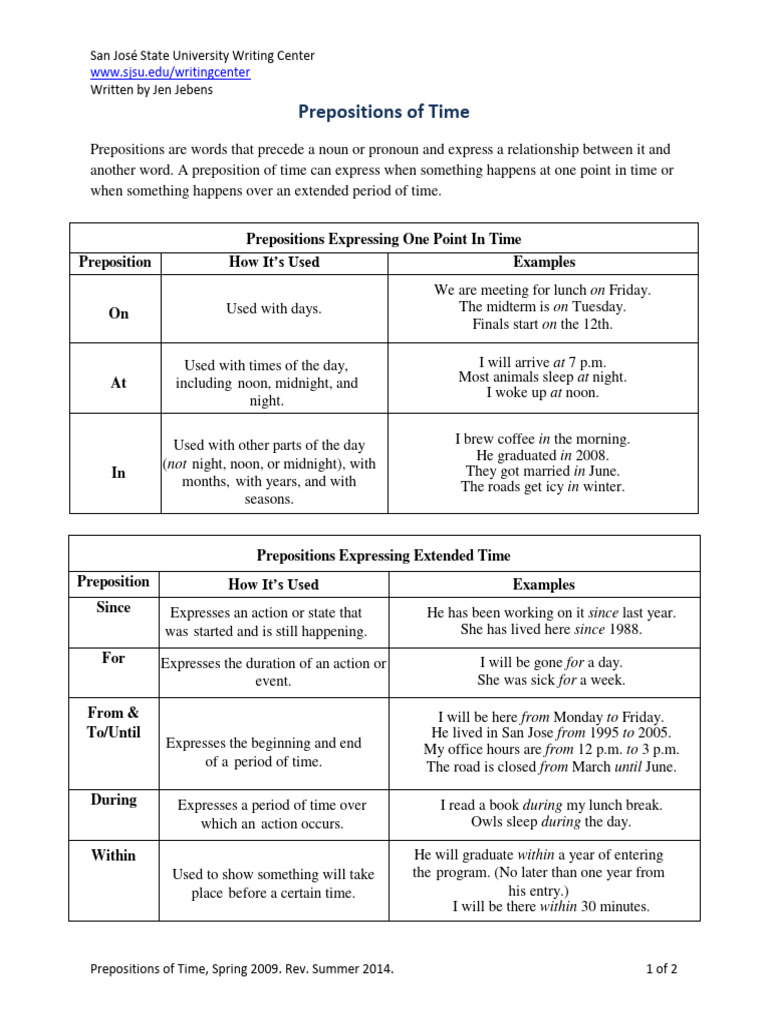 Prepositions of Time | PDF | Preposition And Postposition | Syntactic ...
