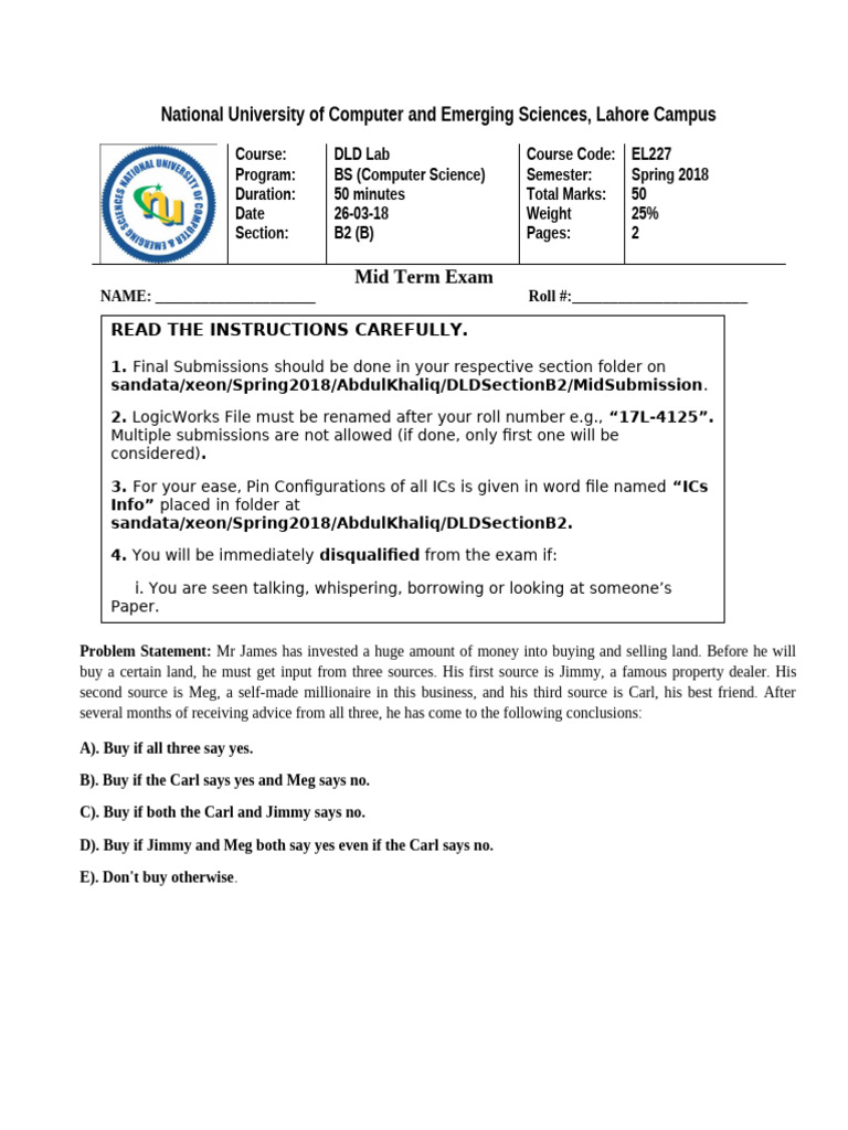 2018 - Midterm B - Spring - DLD Lab | PDF | Digital Electronics | Computer Science