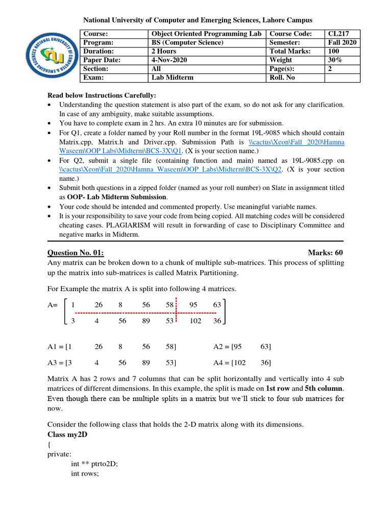2020 - Midterm - Fall - OOP Lab | PDF | Matrix (Mathematics) | Computer Programming