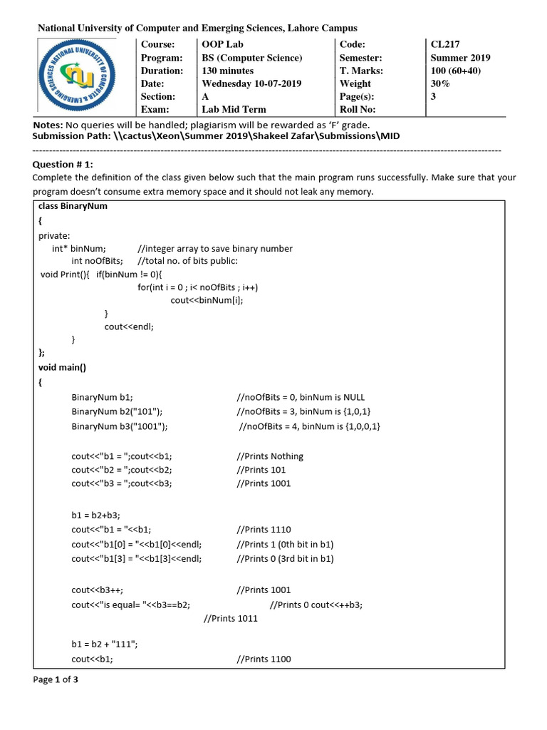2019 Midterm Summer Oop Lab Pdf Computer Programming Computing