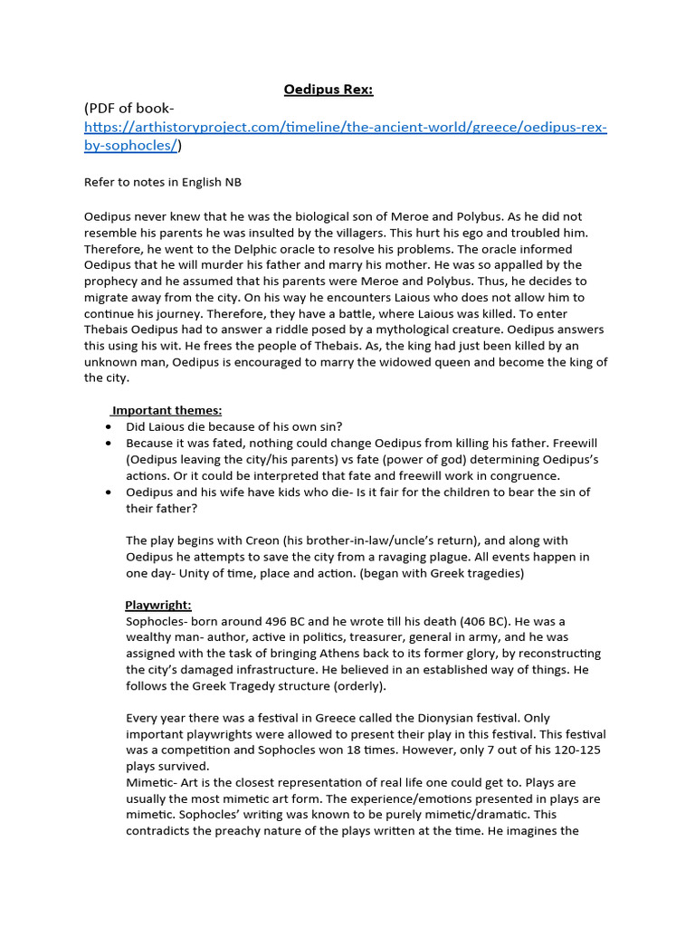Oedipus Rex Notes | PDF | Sophocles | Greek Tragedy