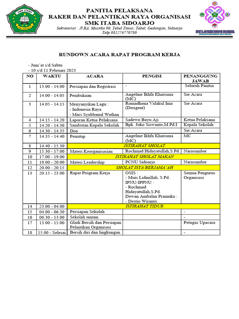 Rundown Raker Organisasi SMK ITABA | PDF