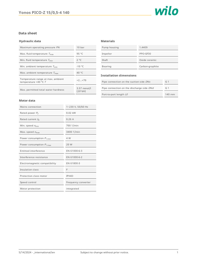 Wilo Datasheet - International - en - 4255411 - Yonos Pico Z 15 0 5 4 140 | PDF | Pump | Electricity
