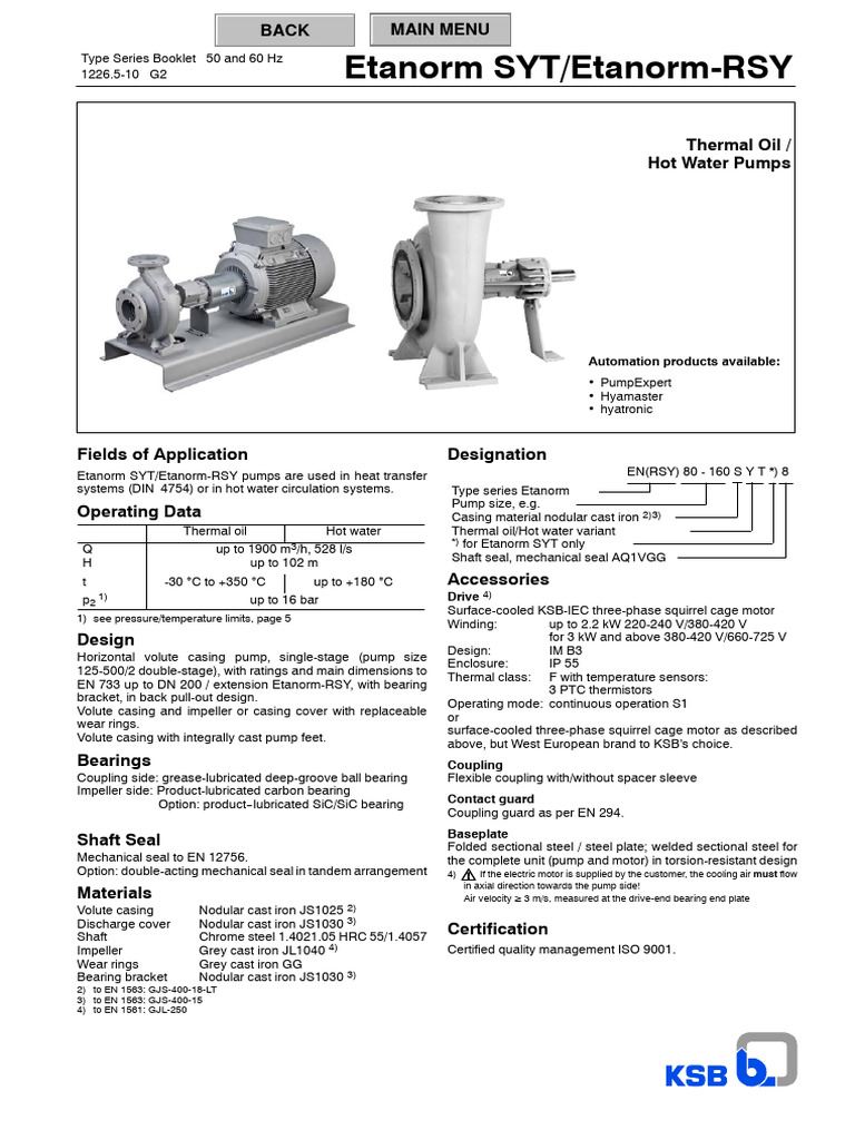 File Ksb Etanorm Syt Thermal Oil Hot Water Pumps 96757 | PDF | Pump | Bearing (Mechanical)