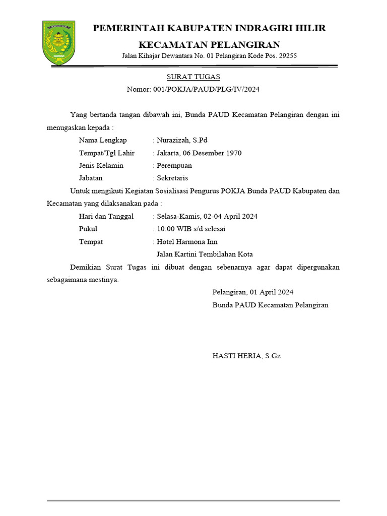 Surat Tugas Bunda Paud | PDF