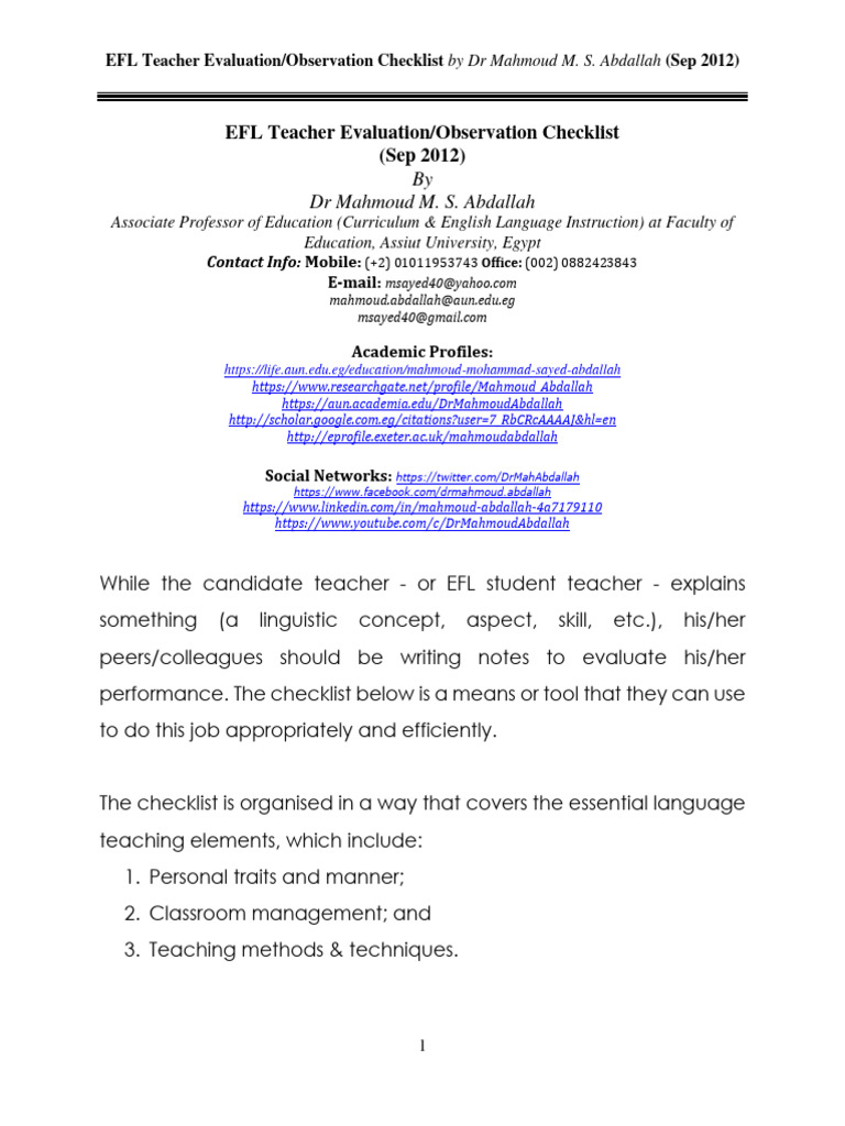 Teacher Observation Checklist | PDF | English As A Second Or Foreign ...