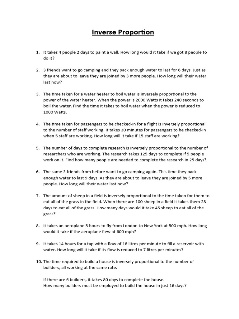 Inverse Proportion Worksheet | PDF | Force | Physics