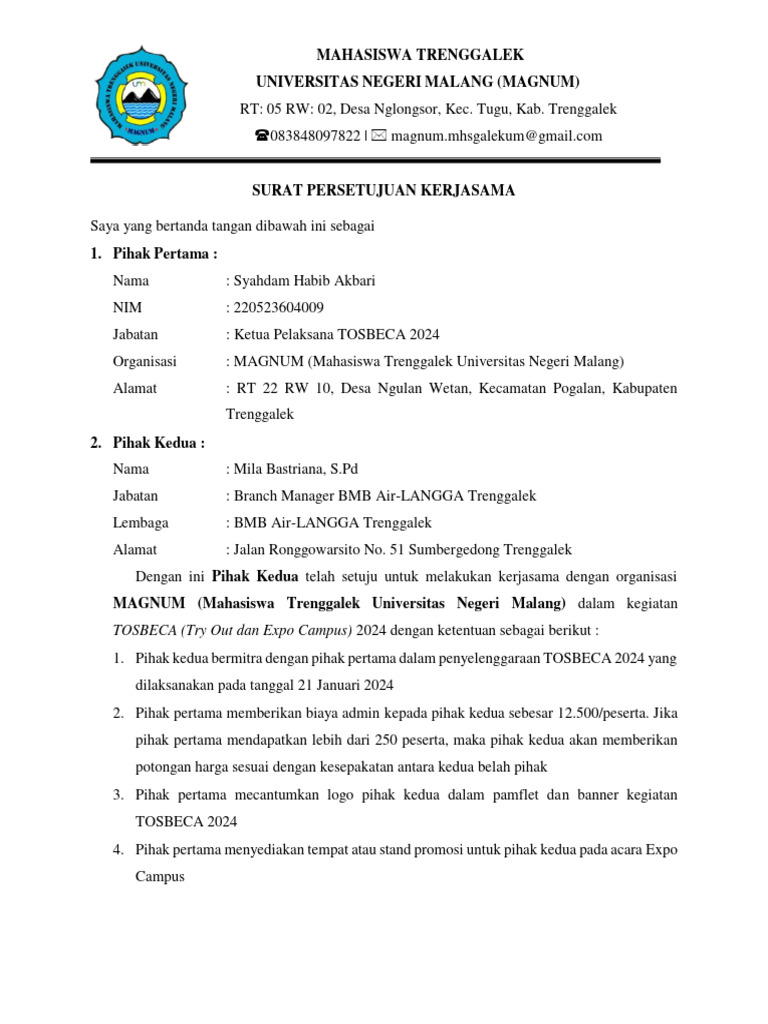 Surat Mou Tosbeca 2024 | PDF