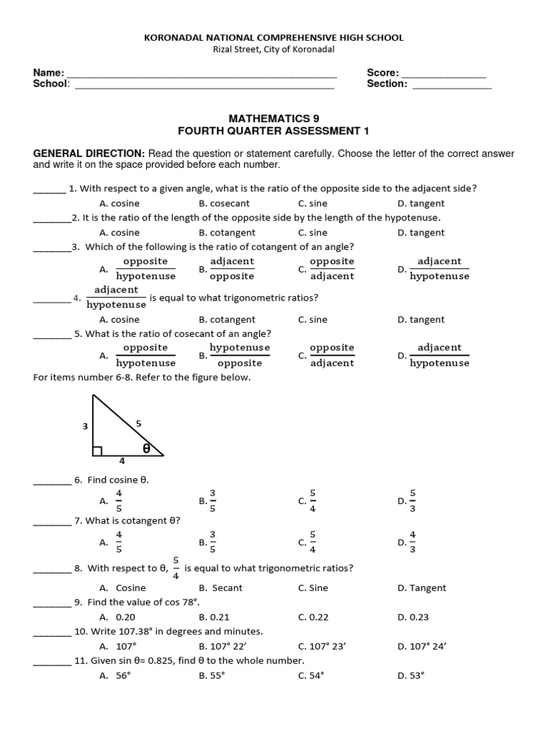 Math9 Q4 Summative-Tests 1 | PDF | Trigonometric Functions | Special ...