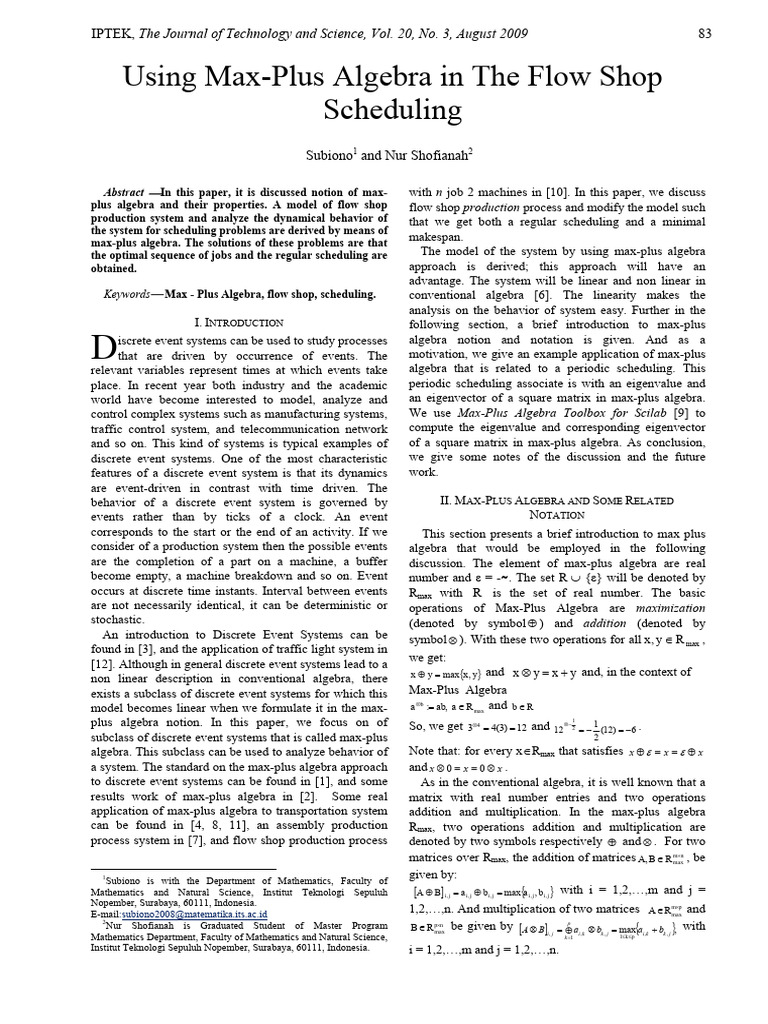 Using Max Plus Algebra In Yhe Flow Shop Scheduling Pdf Eigenvalues And Eigenvectors Matrix