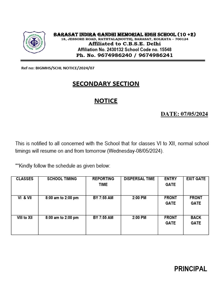 Secondary Normal School Timing 8.05.2024 | PDF