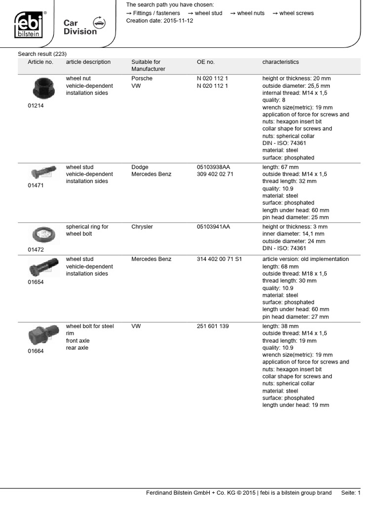 Febi Bilstein Wheel Fasteners Catalogue | PDF | Screw | Nut (Hardware)