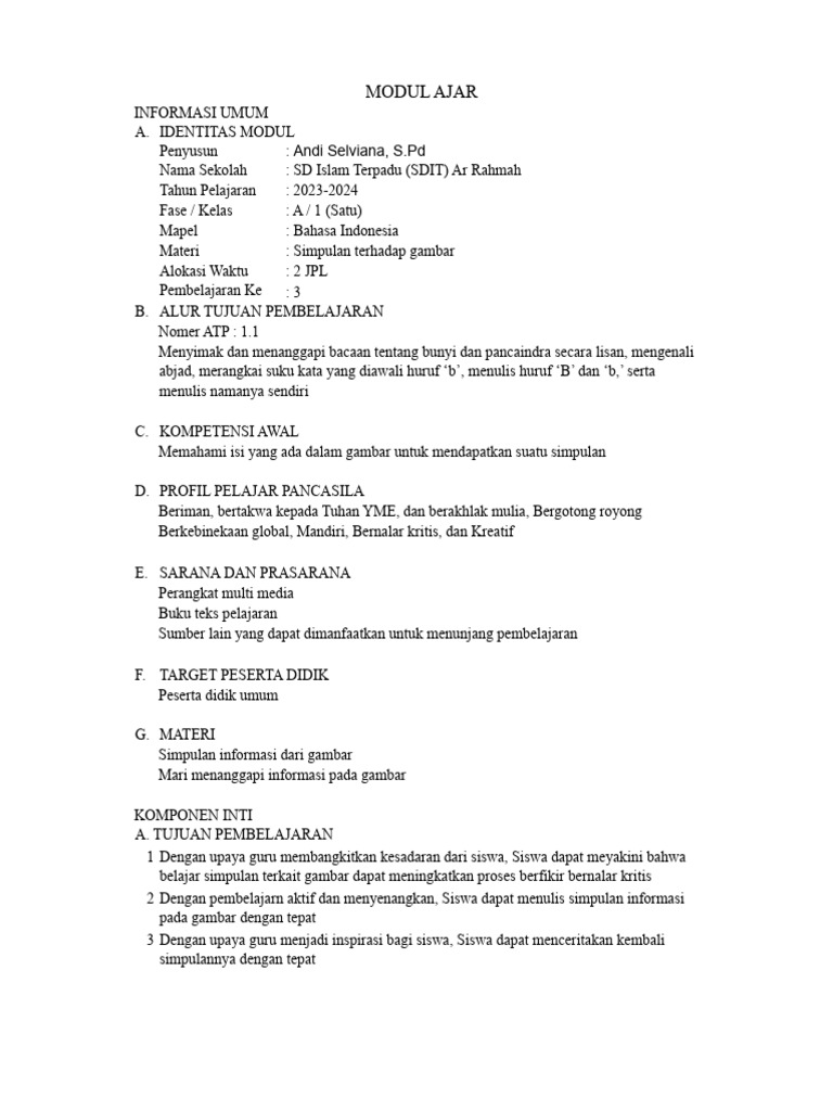 Modul Ajar Bahasa Indonesia Kelas 3 | PDF | Karier & Perkembangan | Seni