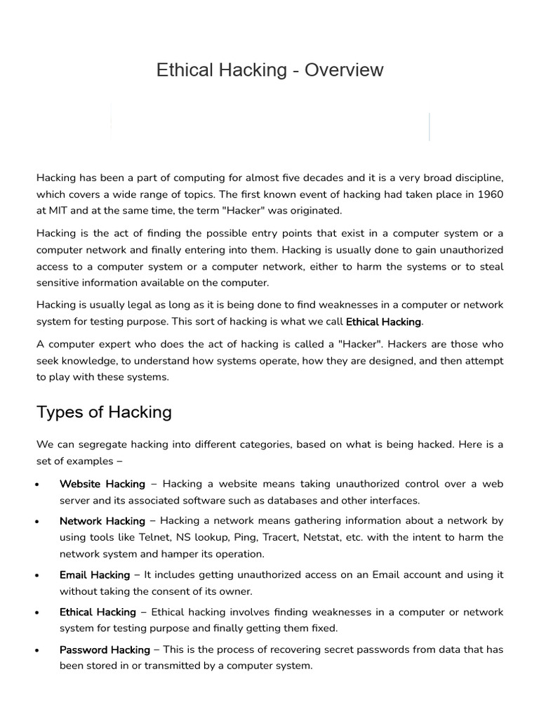 Ethical Hacking - Overview | PDF | Security Hacker | Security