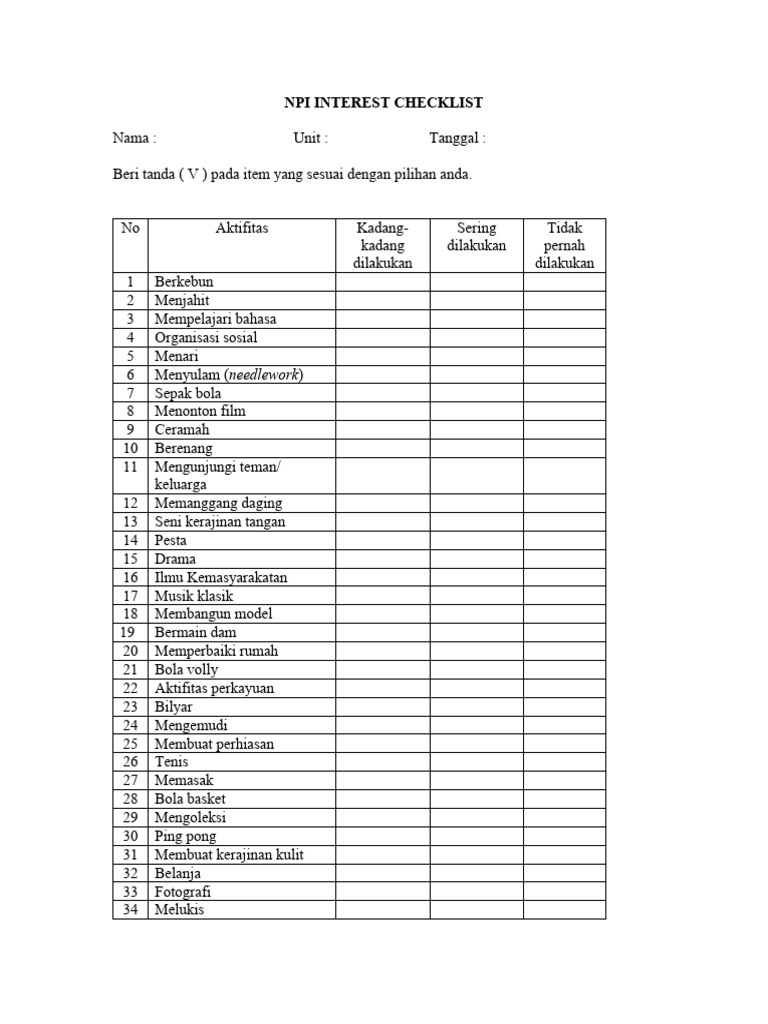 Npi Interest Checklist 2011 | PDF