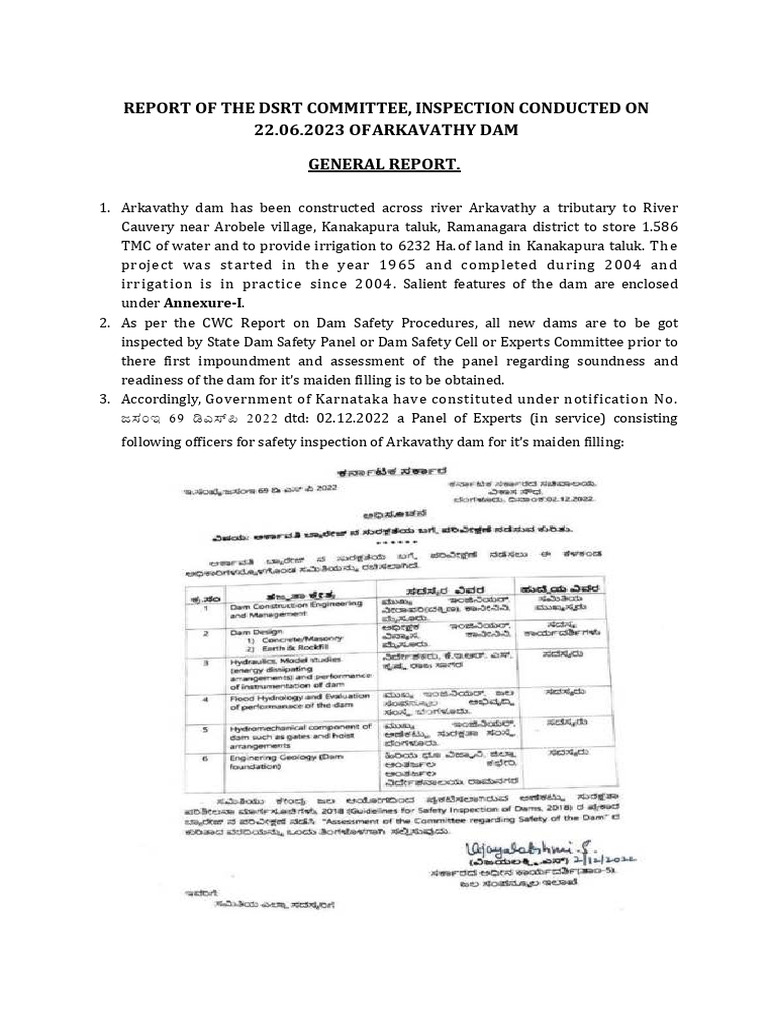 Arkavathy Dam Safety Inspection Report | PDF | Spillway | Dam