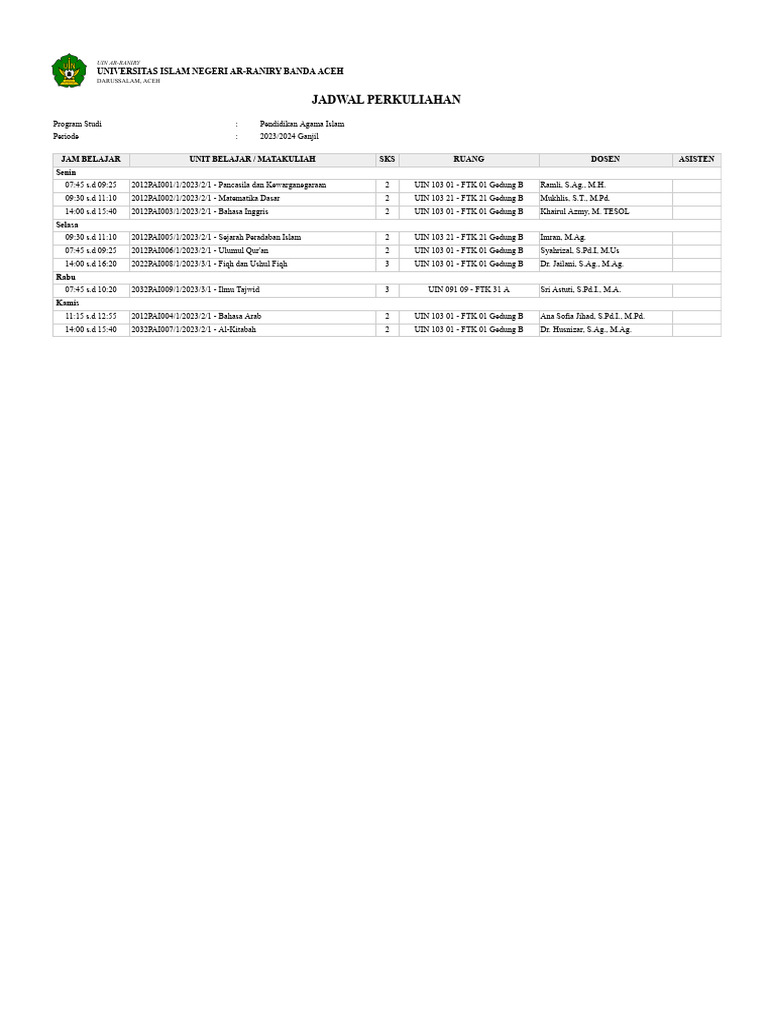 Roster Jadwal Perkuliahan 3 | PDF