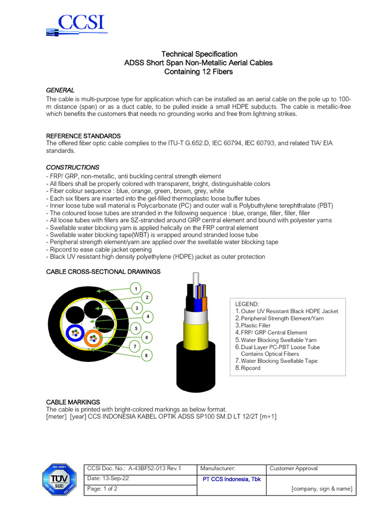 ADSS Aerial Cable Specs | PDF | Optical Fiber | Materials