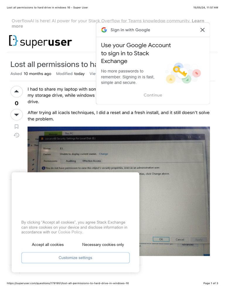 Lost All Permissions To Hard Drive in Windows 10 - Super User | PDF | Http Cookie | Windows 10