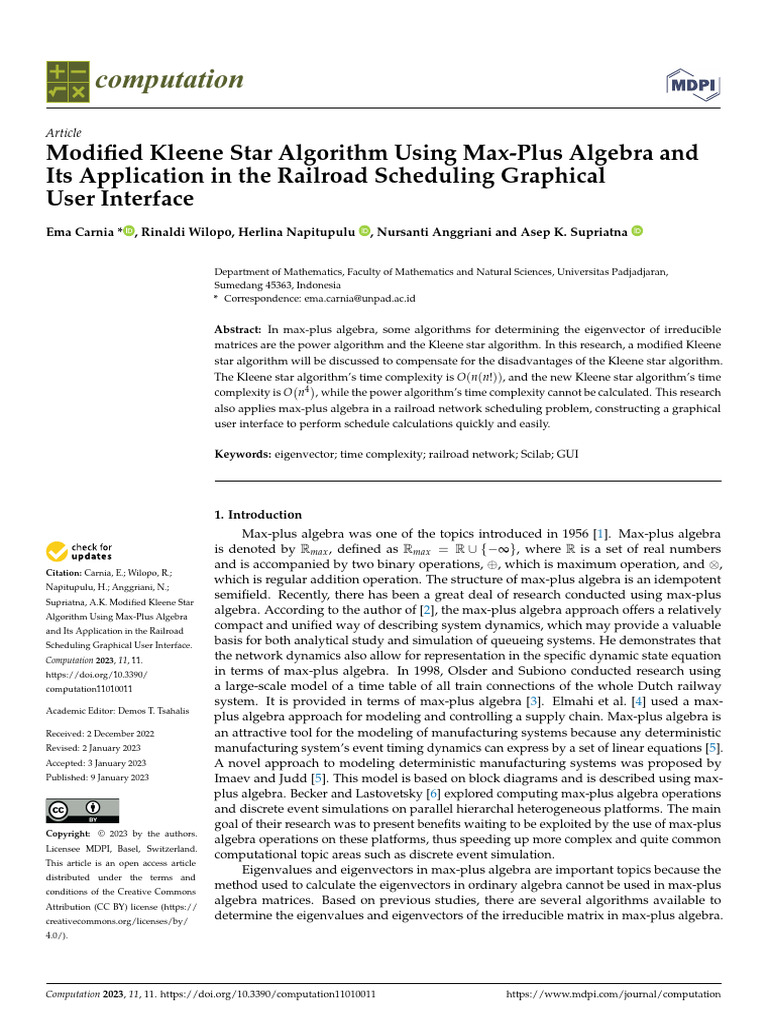 Modified Kleene Star Algorithm Using Max-Plus Algebra and Its Aplication in The Railroad ...