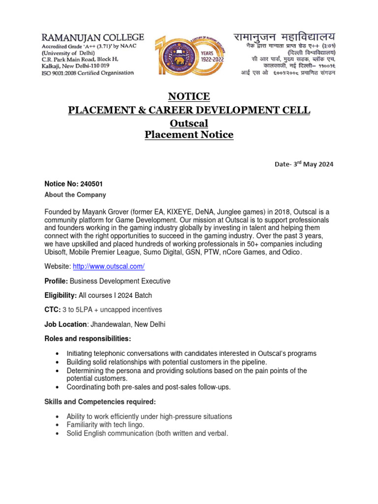 Outscal Placement Notice | PDF