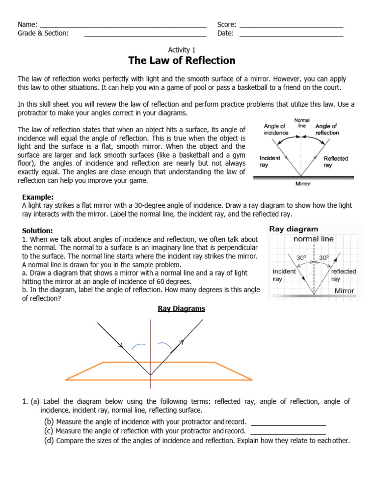 The Law of Reflection Activity | PDF | Reflection (Physics) | Mirror