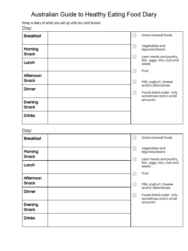 Healthy Eating Food Diary Template | PDF | Foods | Lunch