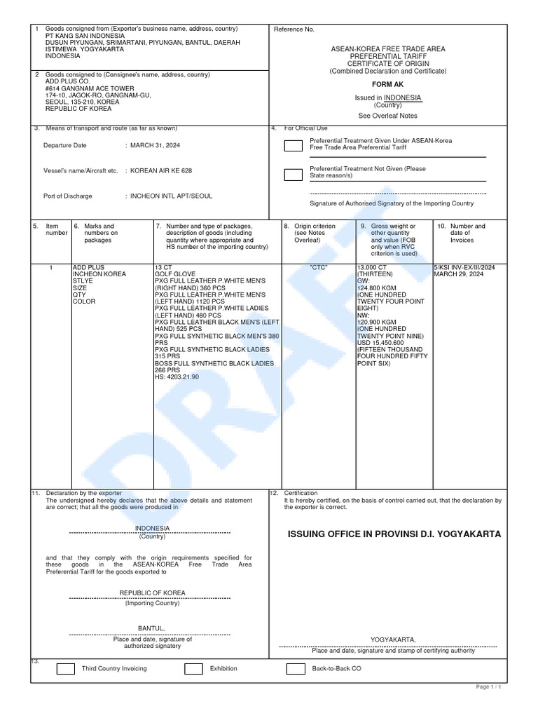 Form Ak: Asean-Korea Free Trade Area Preferential Tariff Certificate of Origin (Combined ...