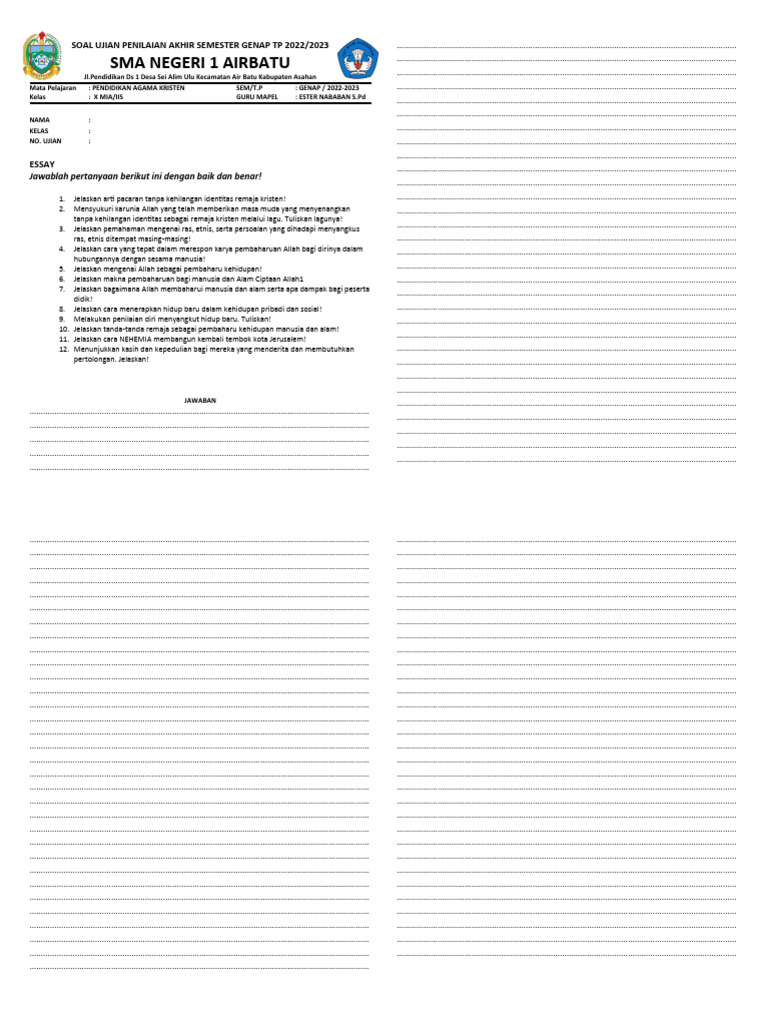 Sma Negeri 1 Airbatu: Soal Ujian Penilaian Akhir Semester Genap TP 2022/2023 | PDF