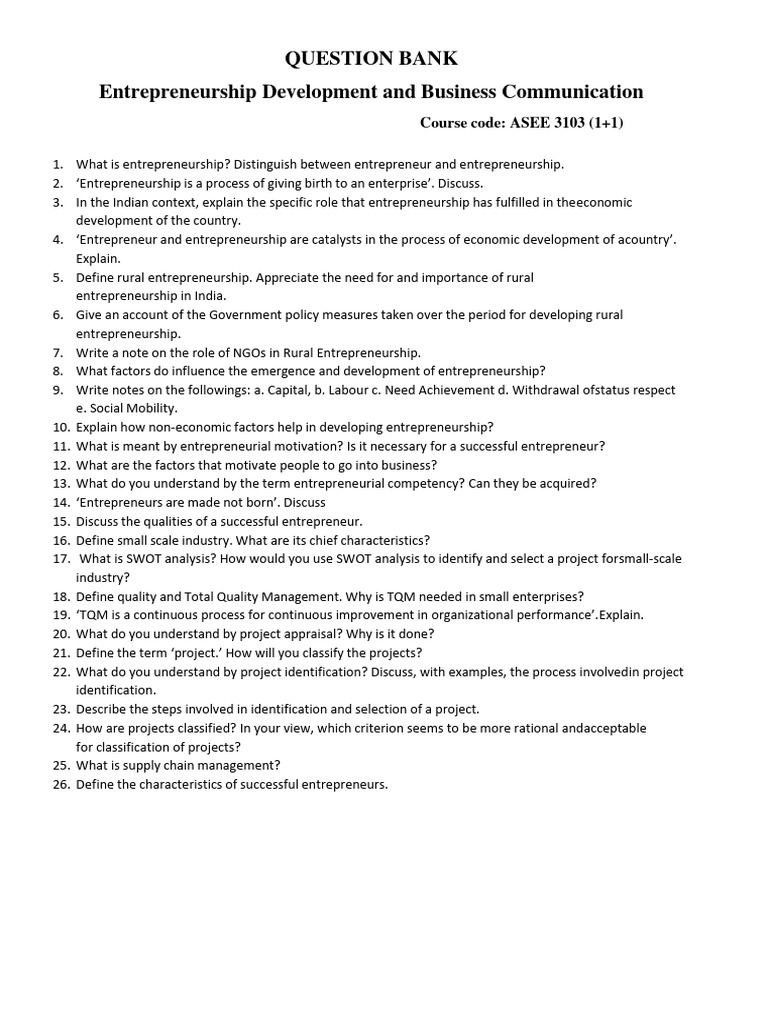 Questions Bank EDBC 1 | PDF | Entrepreneurship | Motivation
