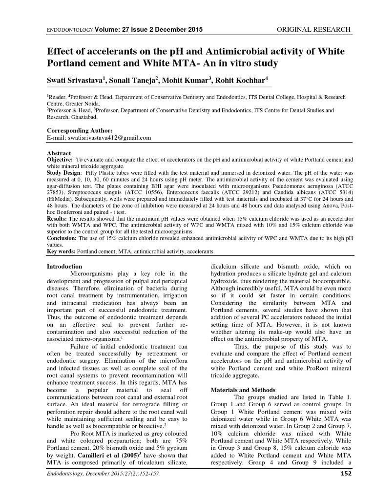 Effect of Accelerants On The PH and Antimicrobial Activity of White Portland Cement and White ...