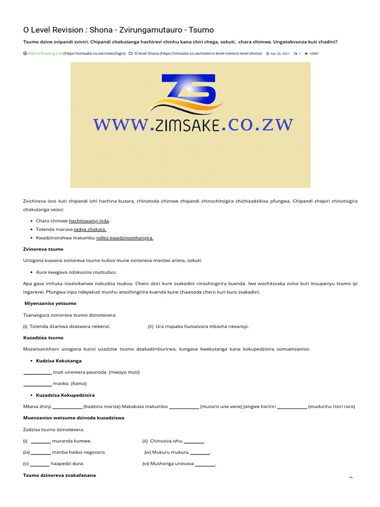OLevelRevisionShona Zvirungamutauro Tsumo ...