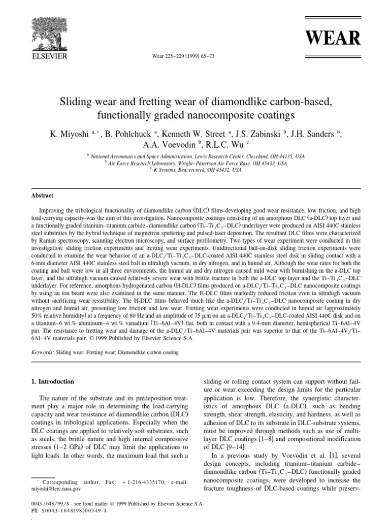 Sliding wear and fretting wear of diamondlike carbon-based, | PDF ...